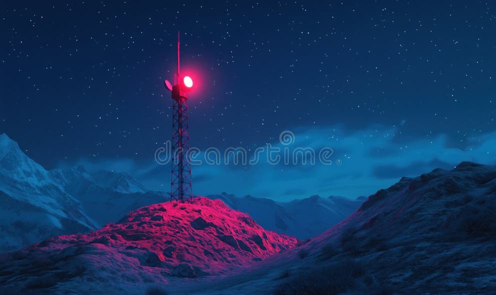 Illuminated Communication Tower at Night with Starry Sky and Mountain ...