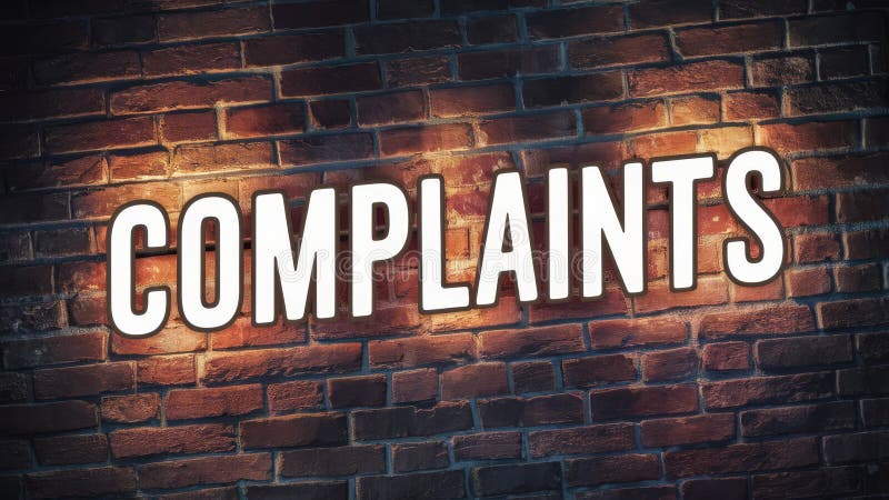 Illuminated COMPLAINTS Sign Against Brick Wall, Symbolizing Customer ...