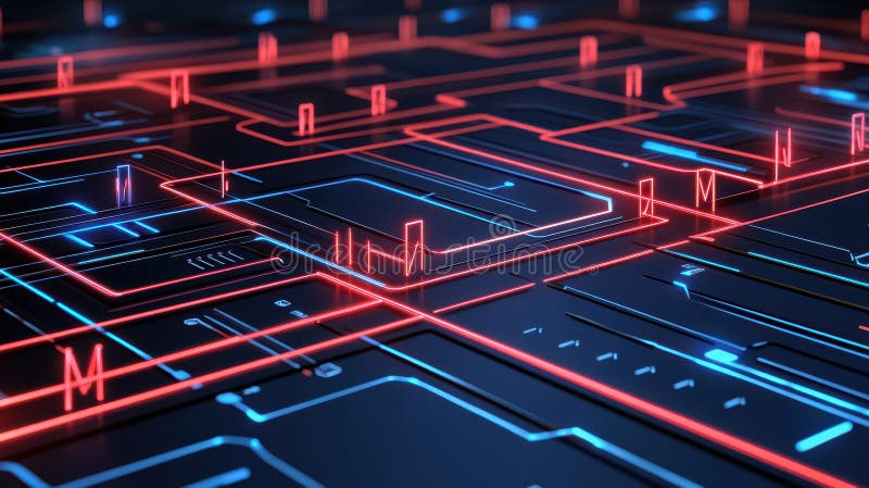 Illuminated Computer Circuitry, Closeup of Red and Blue Lights on ...