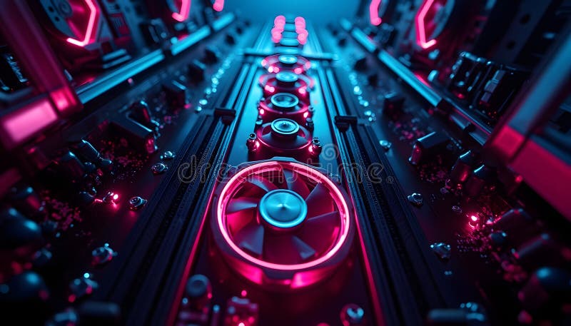 Illuminated Computer Component Array with Cooling Fans and Neon ...