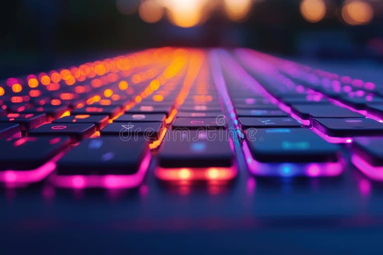 Illuminated RGB Gaming Keyboard Closeup, Vibrant Neon Lights Stock ...