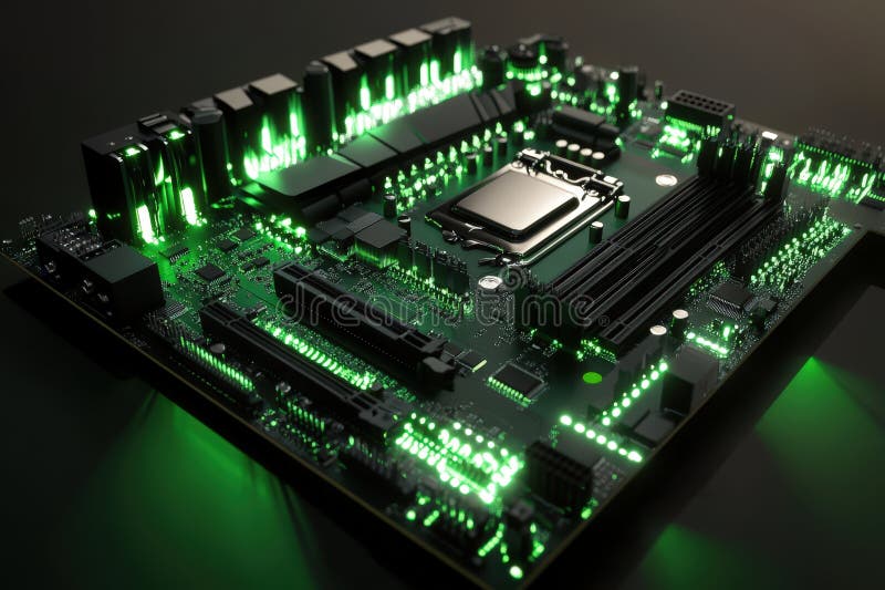 Illuminated Computer Motherboard Green Leds Technology Stock Photo ...
