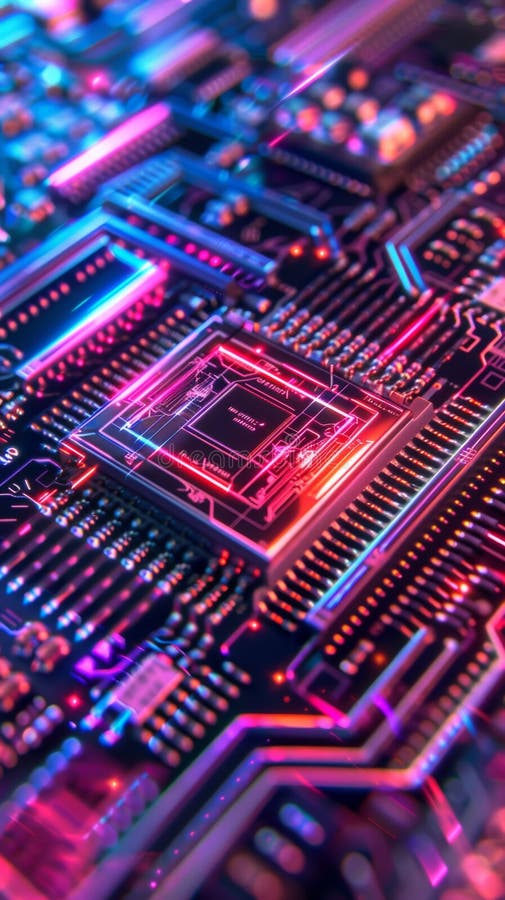 Illuminated Computer Processor with Neon Light Effects Stock Photo ...