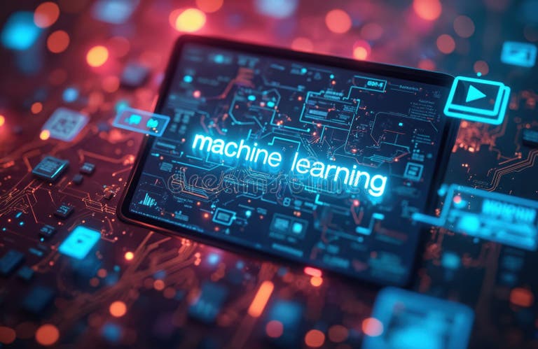 Illuminated Computer Screen Displays Machine Learning Text, Holographic ...