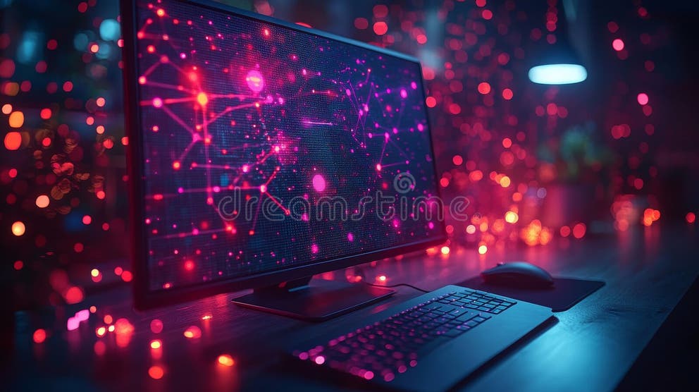 Illuminated Computer Screen Displays a Network Map Stock Illustration ...