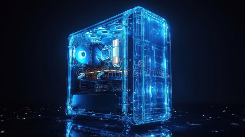 Illuminated Computer Tower. Blue Light Highlights Internal Components ...