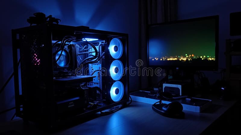 Illuminated Computer Tower with Glowing Fans in Dim Room Stock Video ...