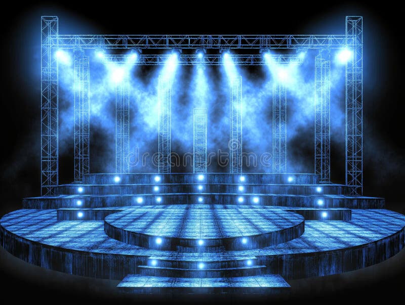 Illuminated Concert Stage with Blue Spotlights and Circular Platforms ...
