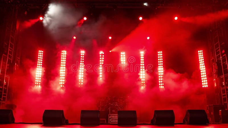 Illuminated Concert Stage with Red Lighting and Fog Effects Ready for ...