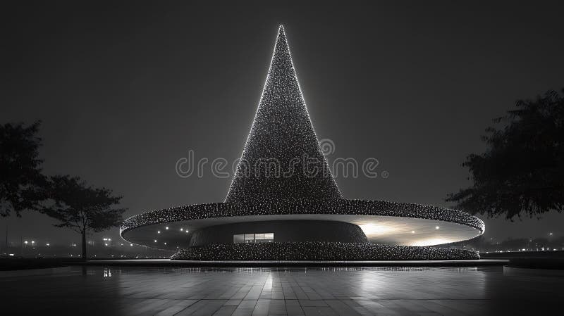 Illuminated Conical Building, Night, Park, Fog, Architectural Rendering ...