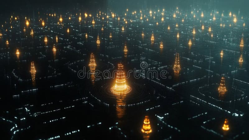 Illuminated Conical Structures Across a Digital Landscape Stock ...