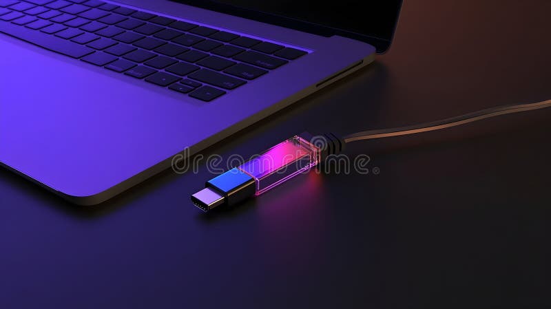 Illuminated Connectivity: Laptop and USB-C Cable Under Vibrant Neon ...
