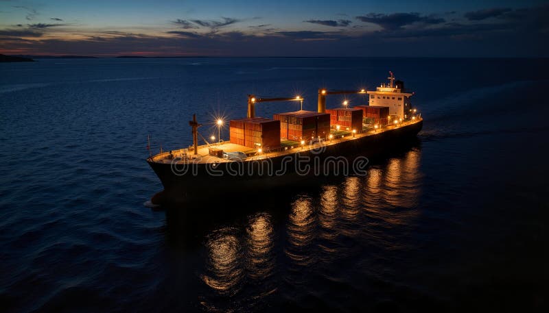 Illuminated Container Ship Sailing at Night, Luxury in Darkness Stock ...