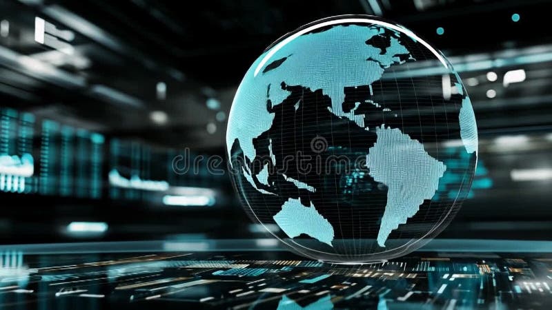 Digital Earth Globe with Illuminated Continents Over a Circuit Board ...