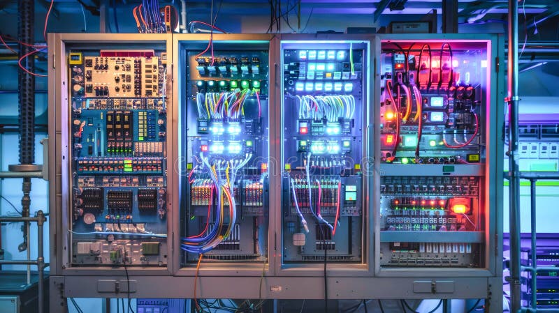 Illuminated Control Cabinet Displays an Array of Electrical Components ...