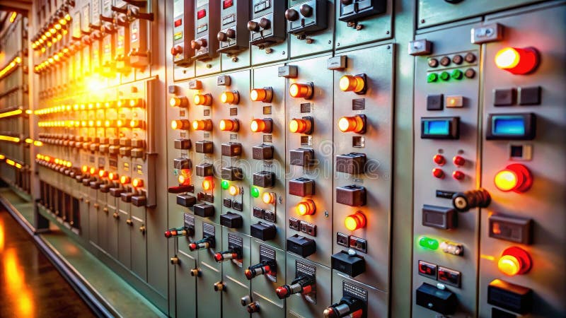 Illuminated Control Panel in Industrial Facility Rows of Switches and ...