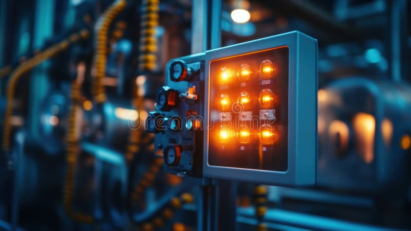 Control Panel with Orange Lights Illuminating Industrial Factory ...