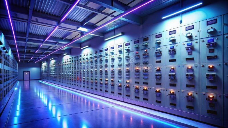 Illuminated Control Room Corridor with Extensive Electrical Panels and ...