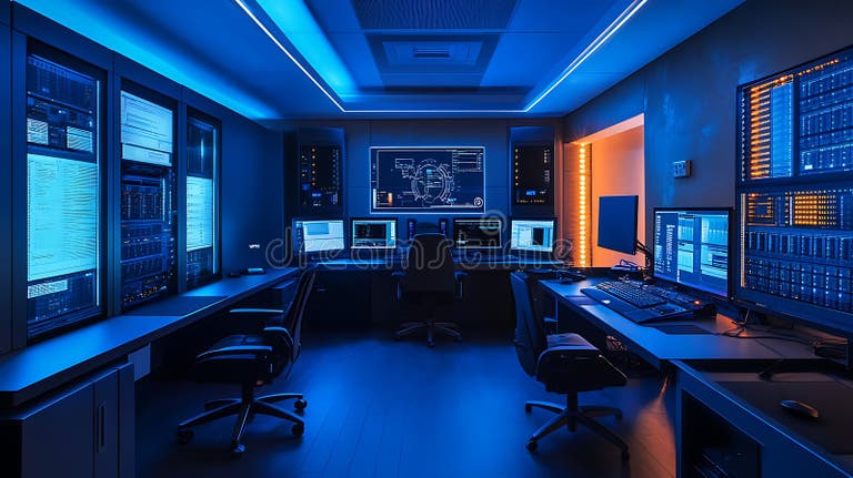 Illuminated Control Room with Multiple Monitors and Servers Suggests ...
