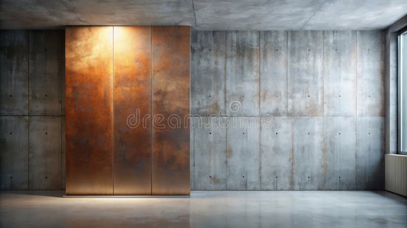 Illuminated Copper Panel Against Concrete Wall in Modern Interior ...