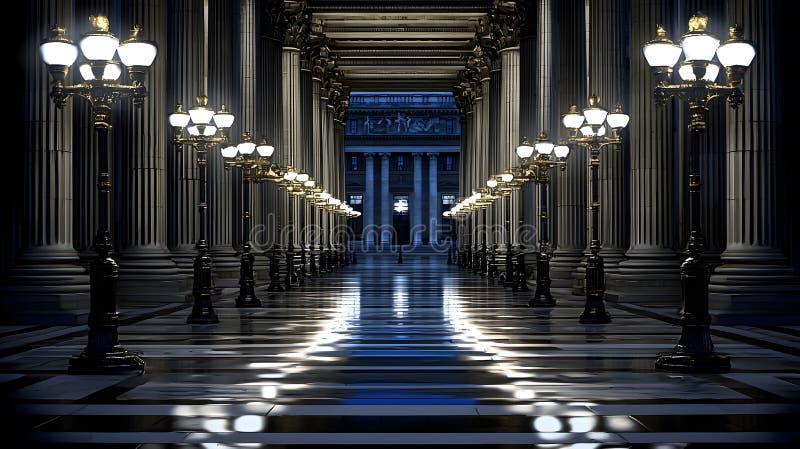 Illuminated Corridor with Classical Architecture at Night. Stock Photo ...