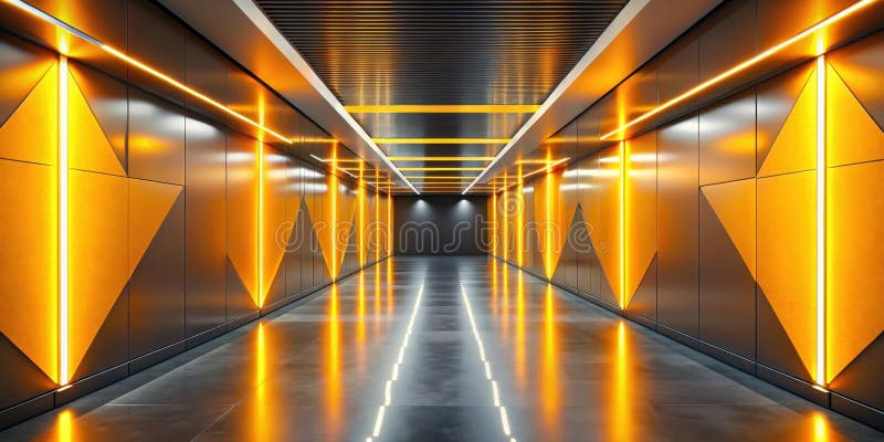 Illuminated Corridor with Geometric Wall Panels and Gleaming Floor ...