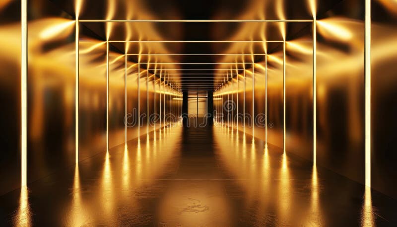 Illuminated Corridor with Golden Lighting and Reflective Surfaces at ...