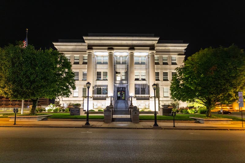 Illuminated Courthouse Building at Night Stock Photo - Image of office ...