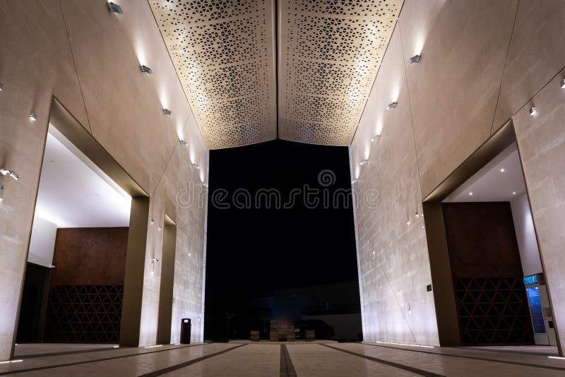 Illuminated Courtyard of Mosque of Light in Dubai, Facade and Roof with ...