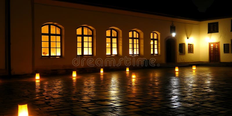 Illuminated Courtyard at Night Cobblestone Pavement Warm Candlelight ...