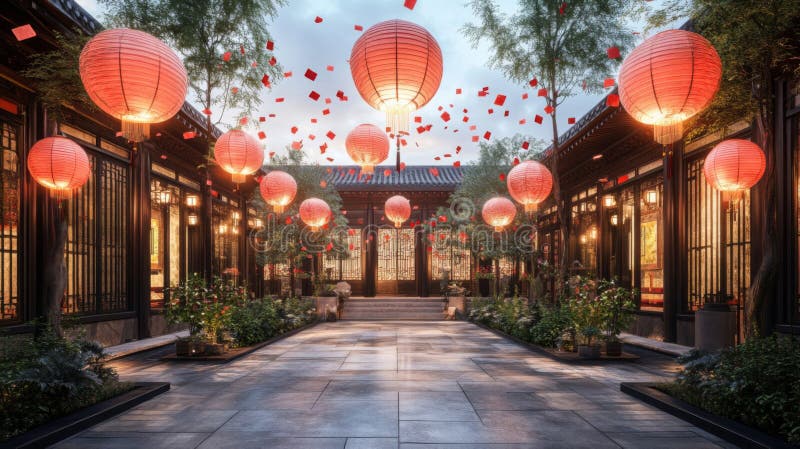 Illuminated Courtyard with Red Lanterns and Falling Petals Stock ...