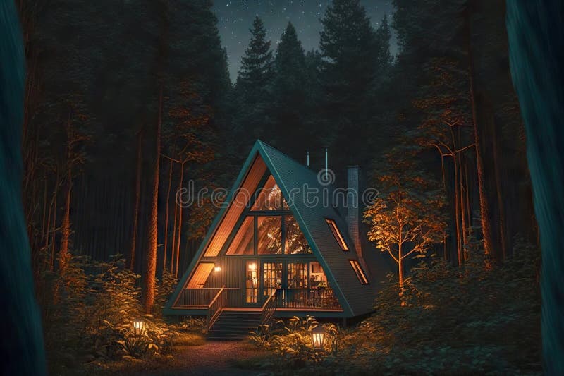 Illuminated Cozy a-frame Cabin Against Background of Tall Trees Stock ...