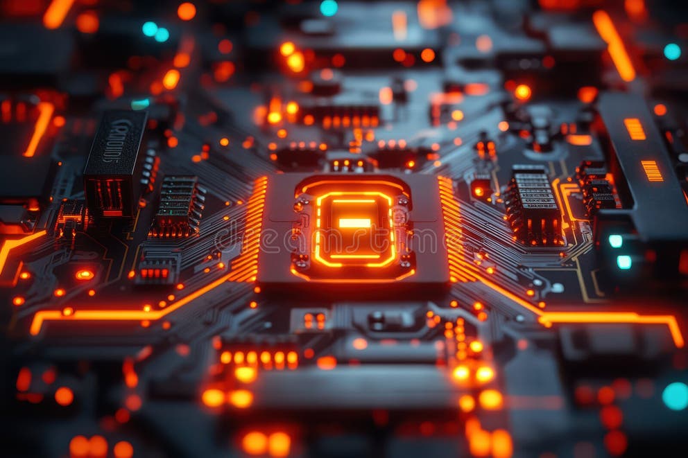 Illuminated CPU on Motherboard Glowing Orange Technology Background ...