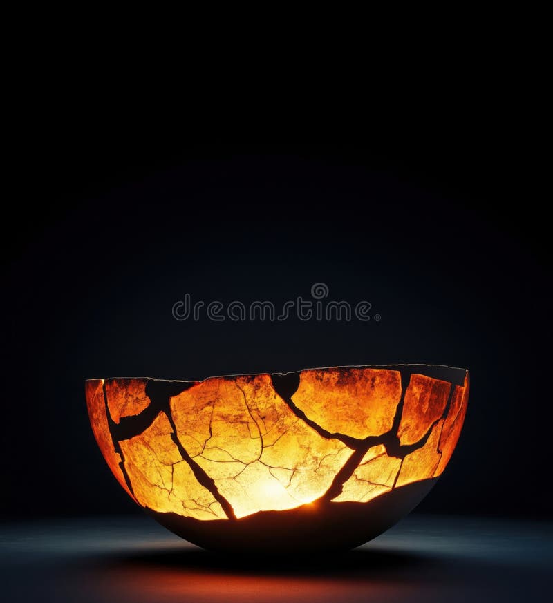 Illuminated Cracked Bowl with Warm Glow and Textured Surface, Copy ...