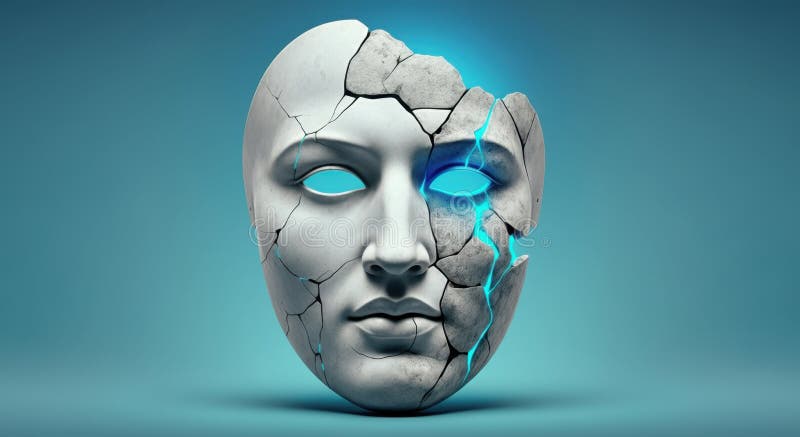 Illuminated Cracked Stone Face with Electric Blue Glow on Teal ...