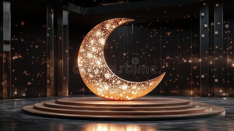 Illuminated Crescent Moon Art Installation on Stage Stock Illustration ...