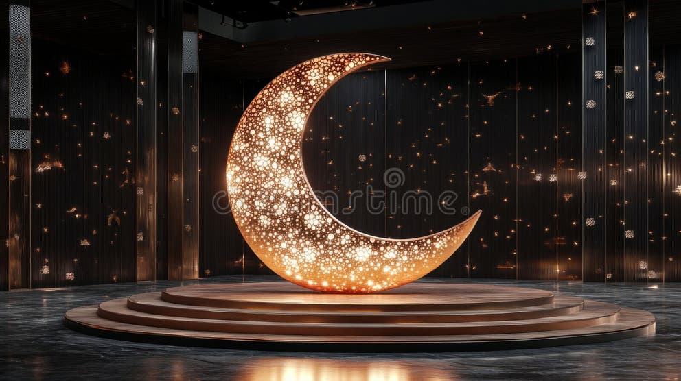Illuminated Crescent Moon Art Installation on Stage Stock Illustration ...