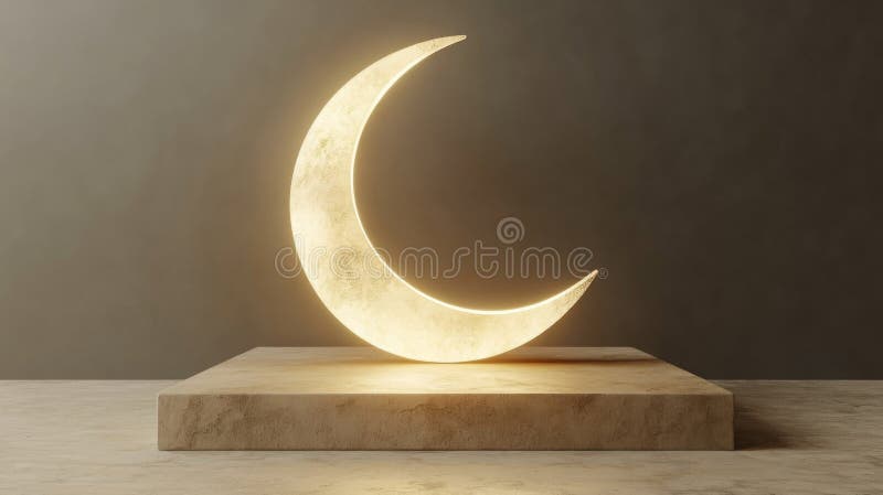 Illuminated Crescent Moon on Beige Platform Stock Illustration ...