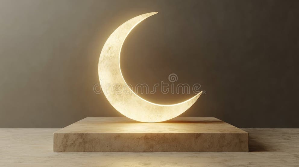 Illuminated Crescent Moon on Beige Platform Stock Illustration ...