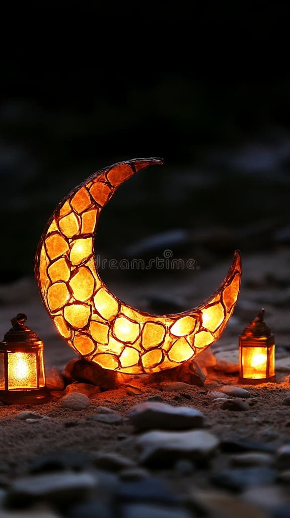 Illuminated Crescent Moon Decoration with Two Lantern Lights on a Sandy ...