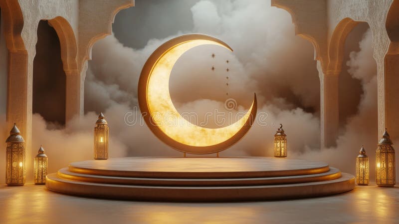 Illuminated Crescent Moon Displayed on Elegant Podium Stock ...