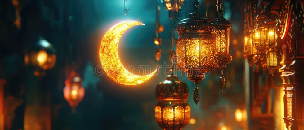 Illuminated Crescent Moon Decorated with Hanging Lanterns – Festive ...