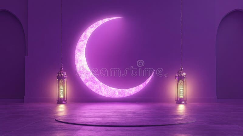Illuminated Crescent Moon with Hanging Lanterns Scene Stock ...