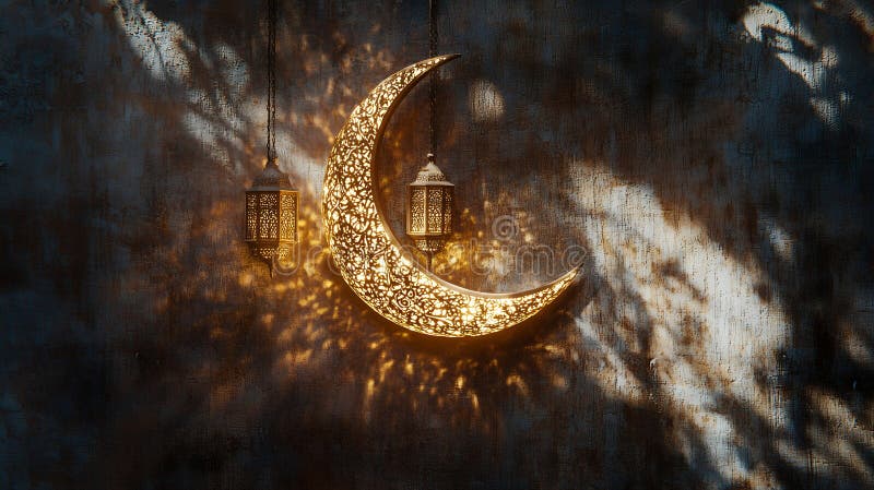 Illuminated Crescent Moon with Intricate Lanterns Ramadan Festive Decor ...