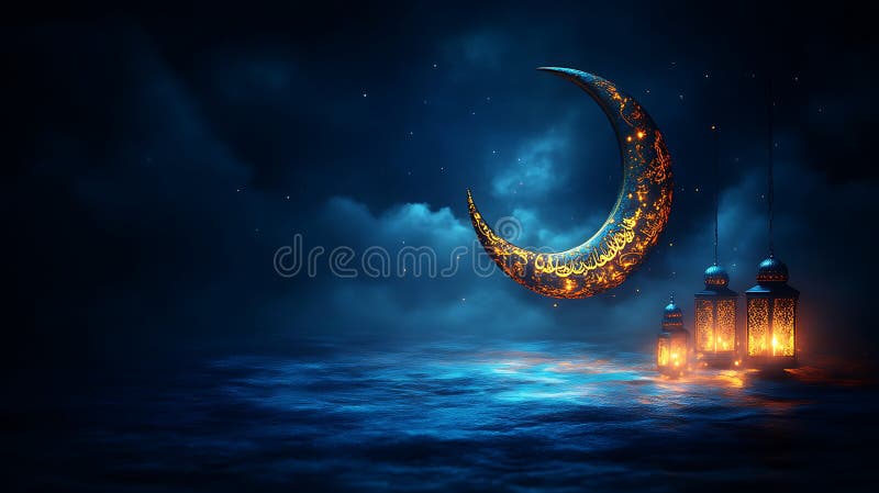 Illuminated Crescent Moon and Lanterns Night Scene Stock Illustration ...