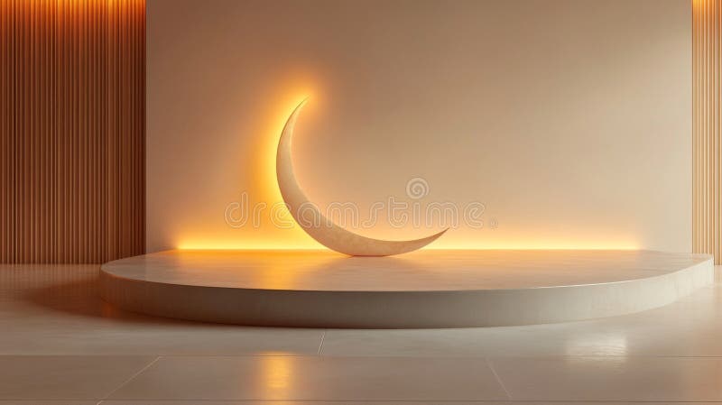 Illuminated Crescent Moon on Minimalist Platform Stock Illustration ...