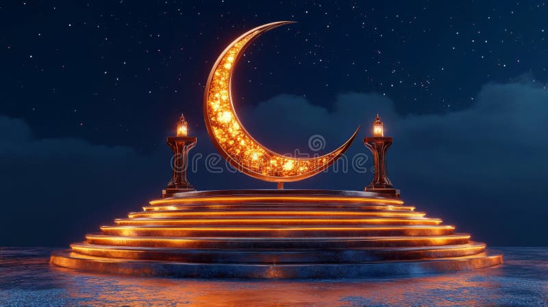 Illuminated Crescent Moon Stage with Lanterns Under Night Sky Stock ...