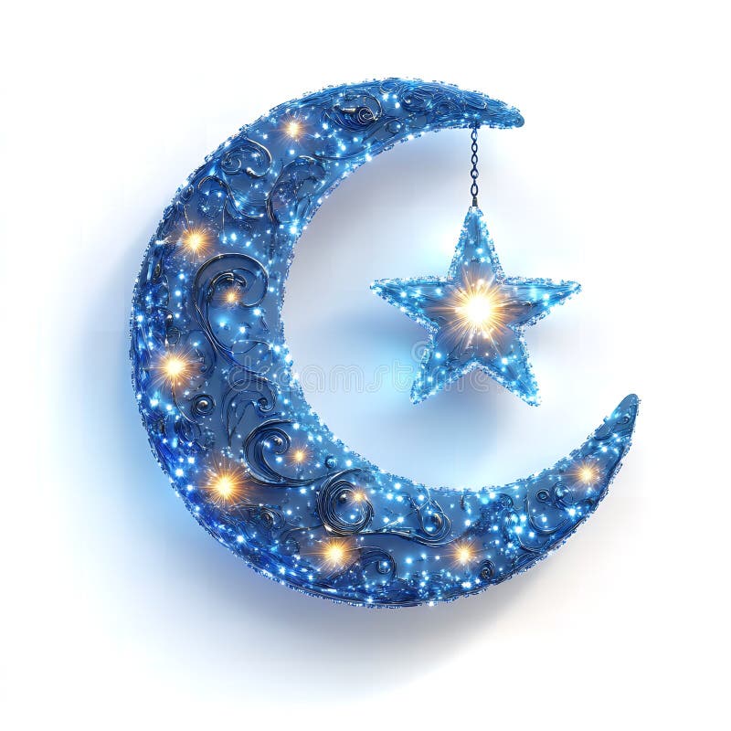 Illuminated Crescent Moon and Star Design Festive Islamic Symbol ...
