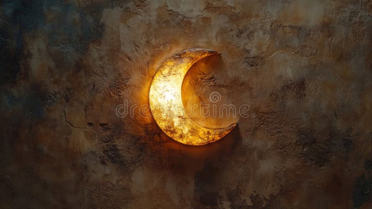 Illuminated Crescent Moon Wall Decor on Rustic Wall Stock Illustration ...