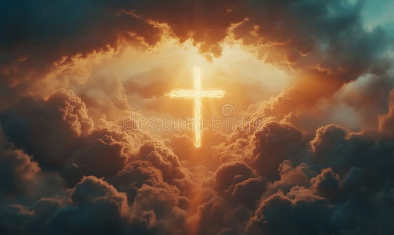 Illuminated Cross Amidst Dramatic Clouds and Radiant Light, Symbolizing ...